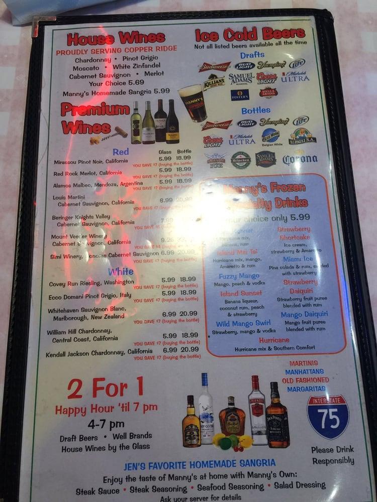 Menu at Manny's Original Chophouse steakhouse, Bay Lake