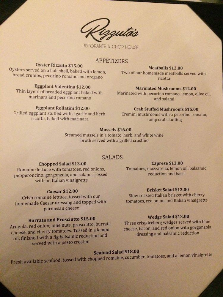 Menu at Rizzuto's Ristorante & Chop House steakhouse, New Orleans