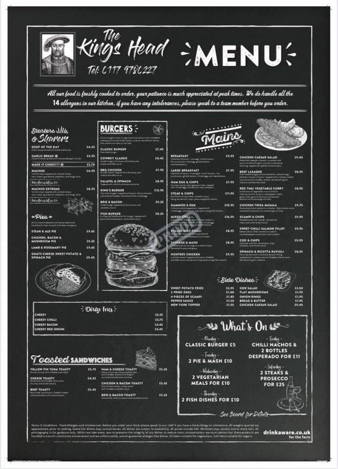 Menu at The King's Head pub & bar, Bristol, 91 Bridgwater Rd