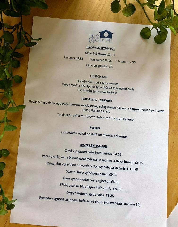 Menu at Tŷ Golchi restaurant, Bangor, Caernarfon Rd