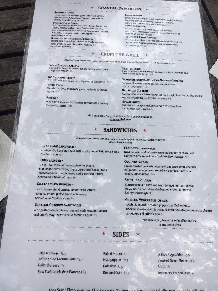 Menu at 1885 Grill restaurant, Chattanooga, St Elmo Ave