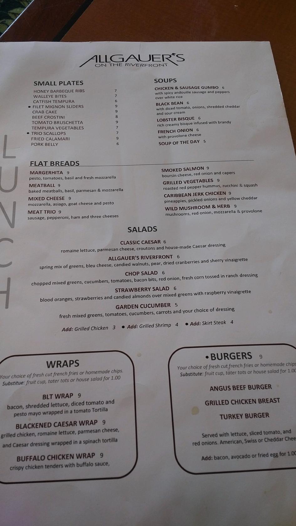 Menu at Allgauer's on the Riverfront restaurant, Northbrook, Milwaukee Ave