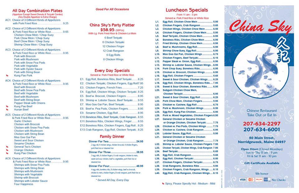 Menu at China Sky restaurant, Norridgewock, 50 Main St