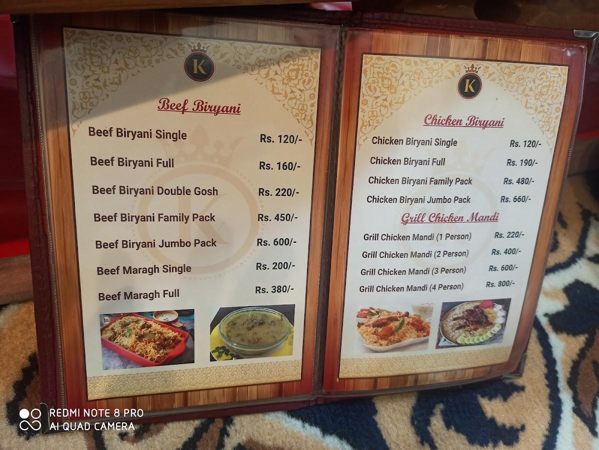 Menu at Hotel King Khaja, Hyderabad