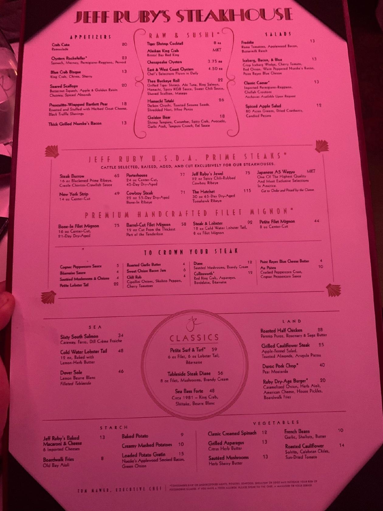 Menu at Jeff Ruby's Steakhouse, Columbus, Columbus