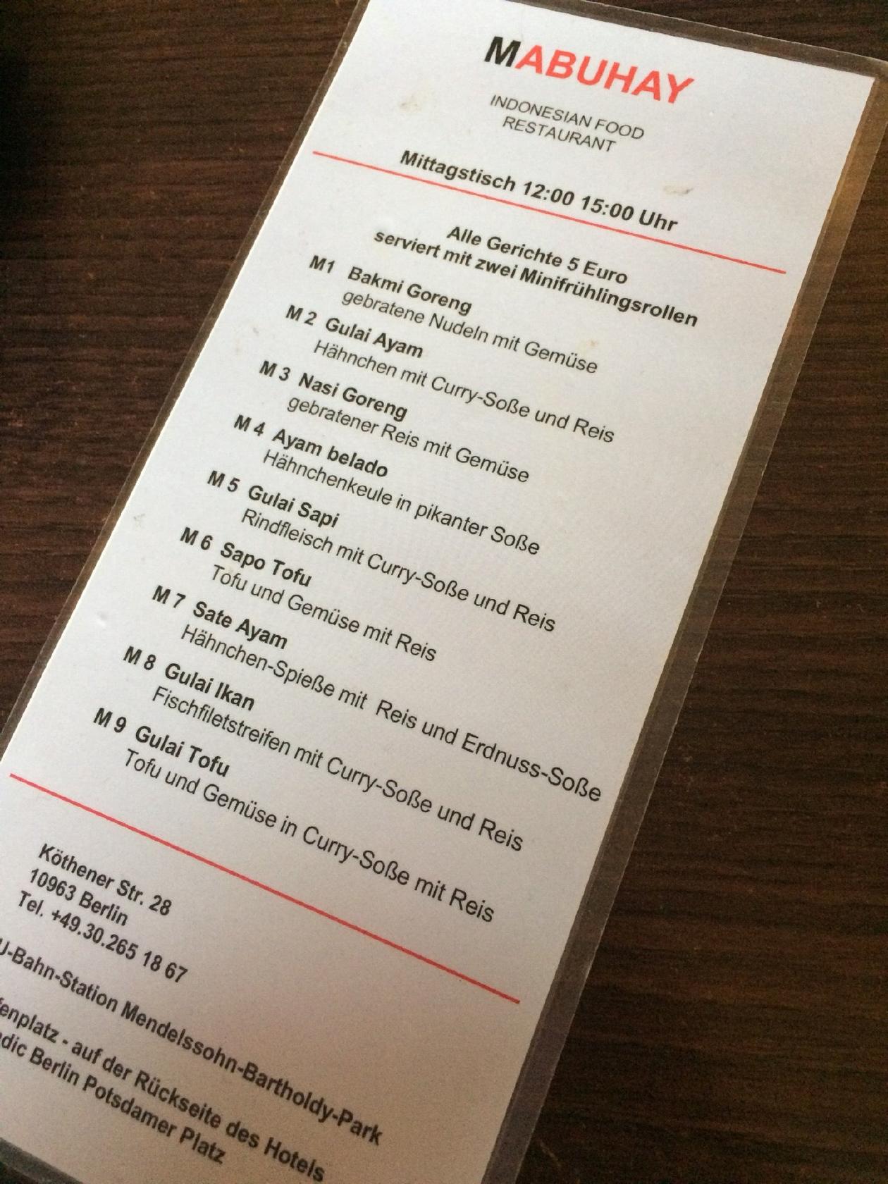 Speisekarte von Mabuhay restaurant, Berlin, Kothener Strasse 28