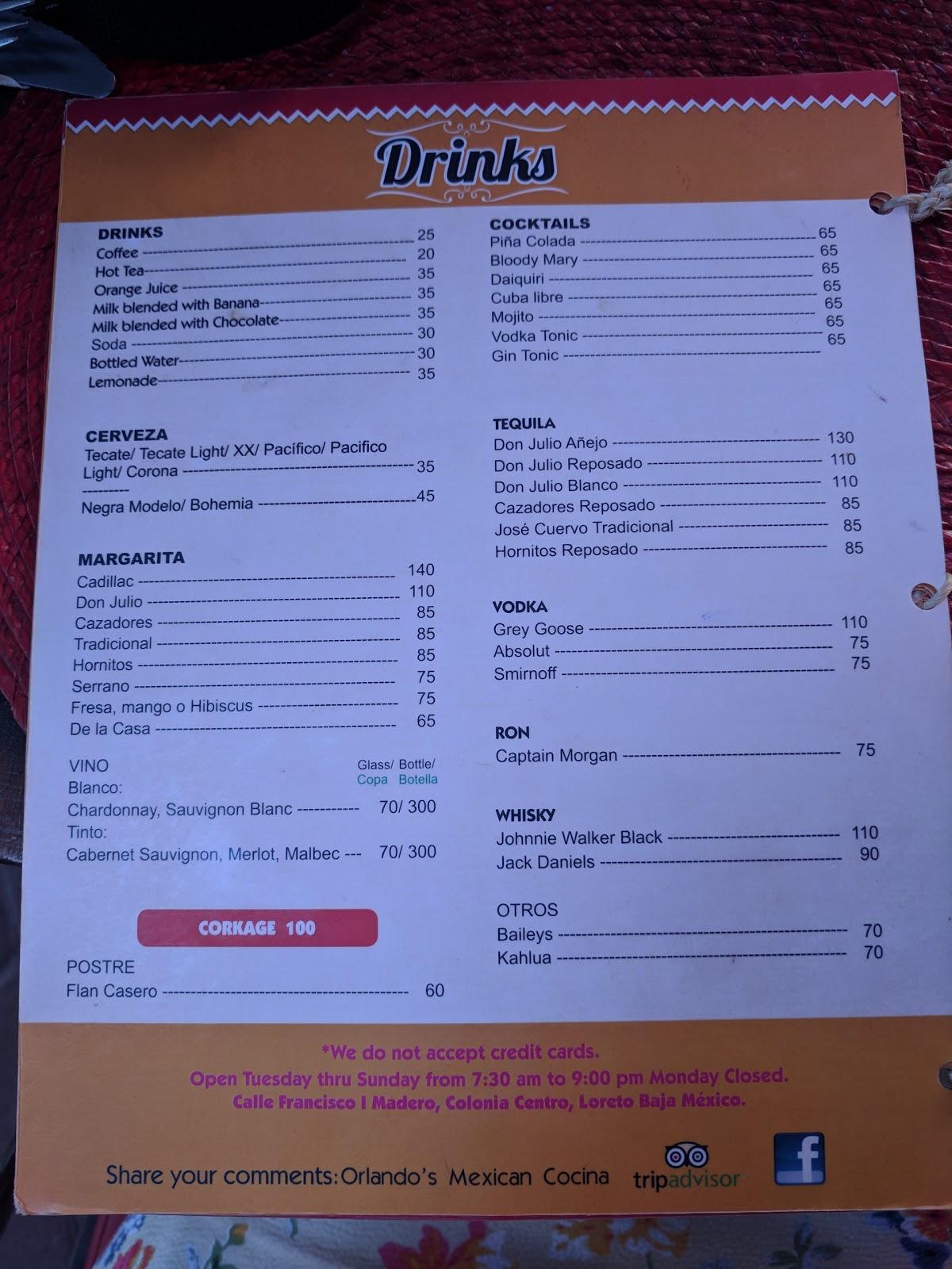 Menu at Orlando's Restaurante, Loreto