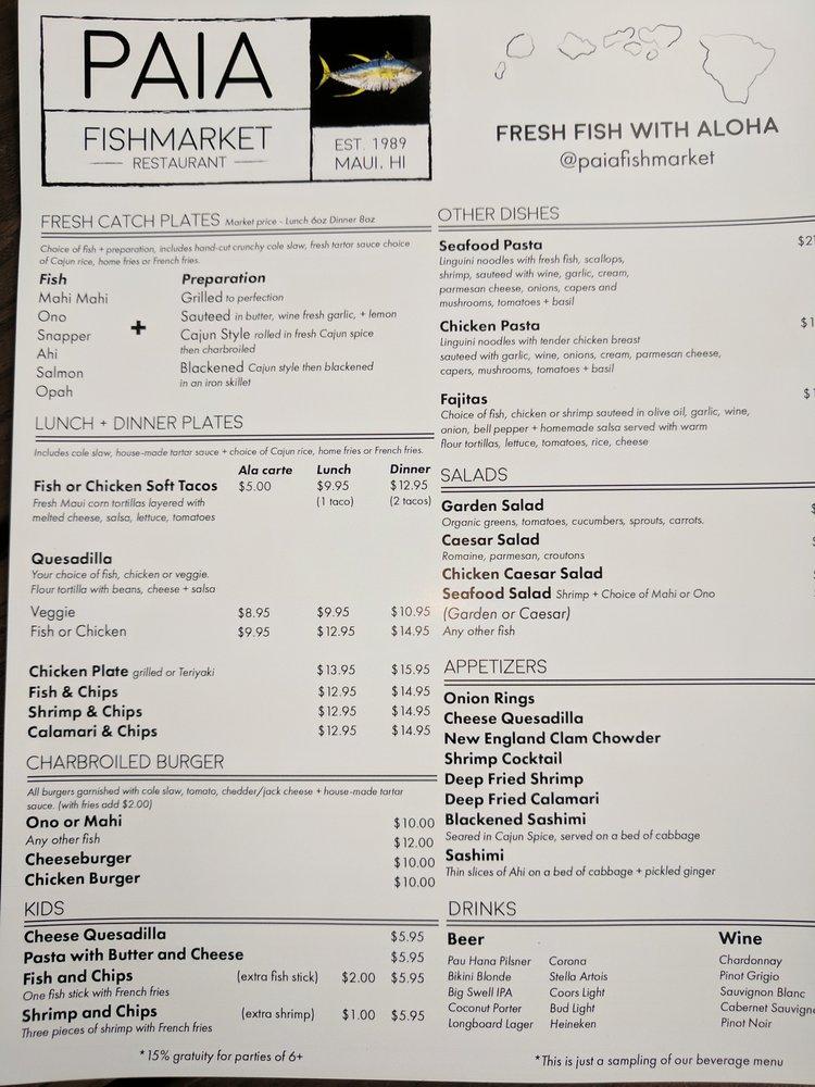 Menu at Paia Fish Market South Side restaurant, Kihei