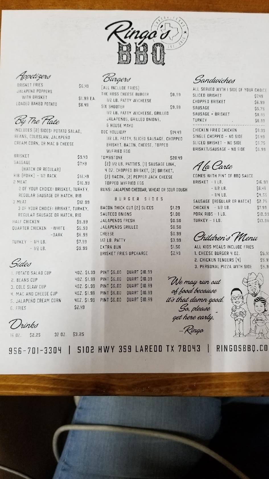 Menu at Ringo's BBQ and Burgers, Laredo