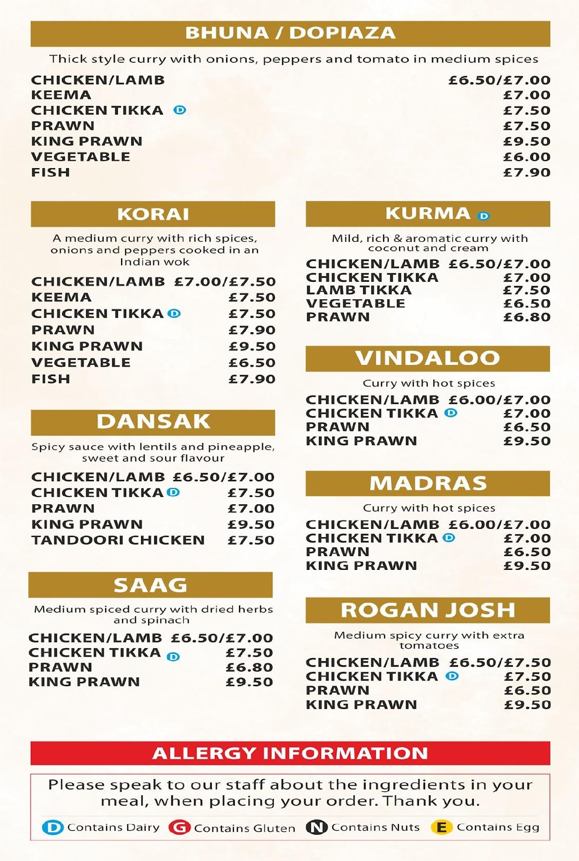 Menu at Samad Cottage restaurant, Dronfield