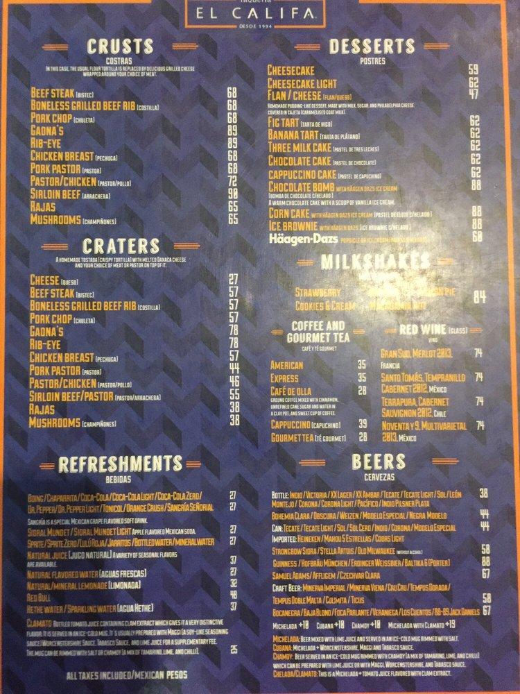 Menu at Taquería El Califa restaurant, Mexico City, Av. P.º de la ...