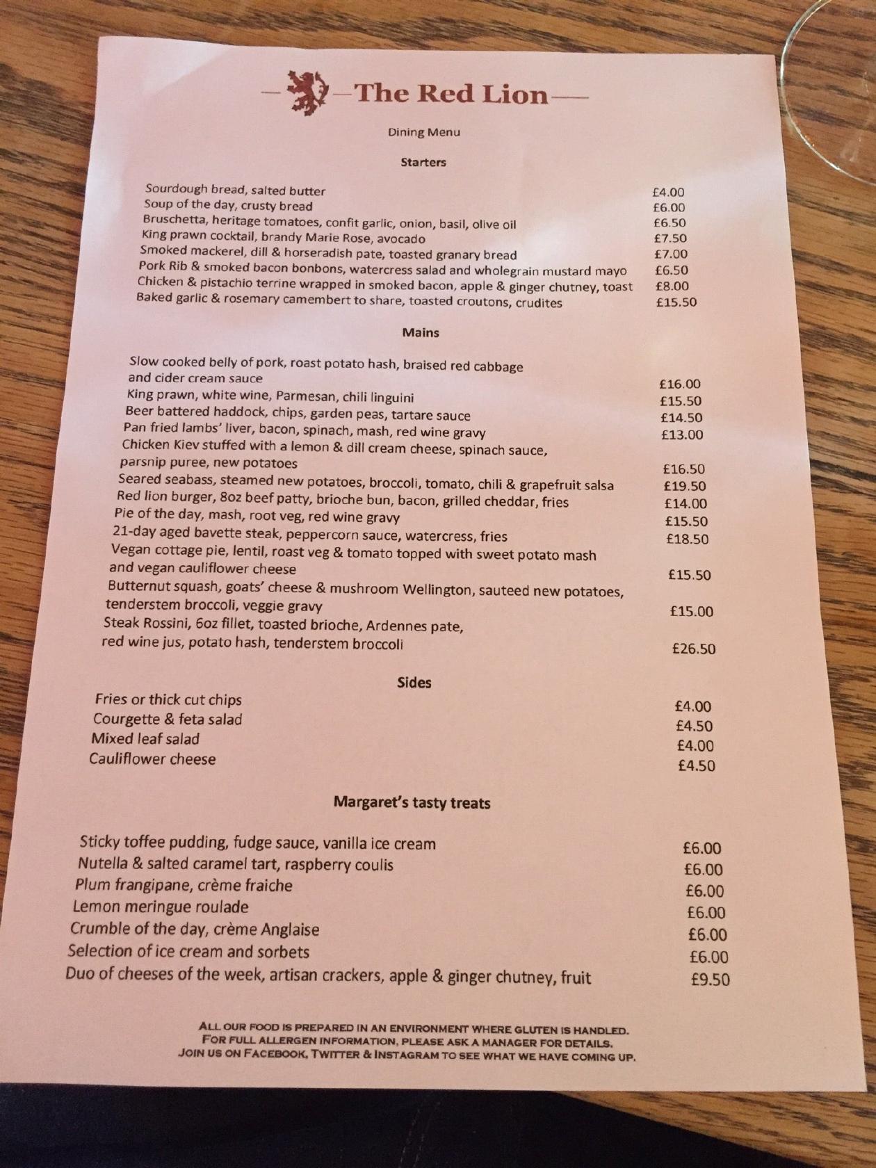 Menu at RED Lion pub & bar, Guildford