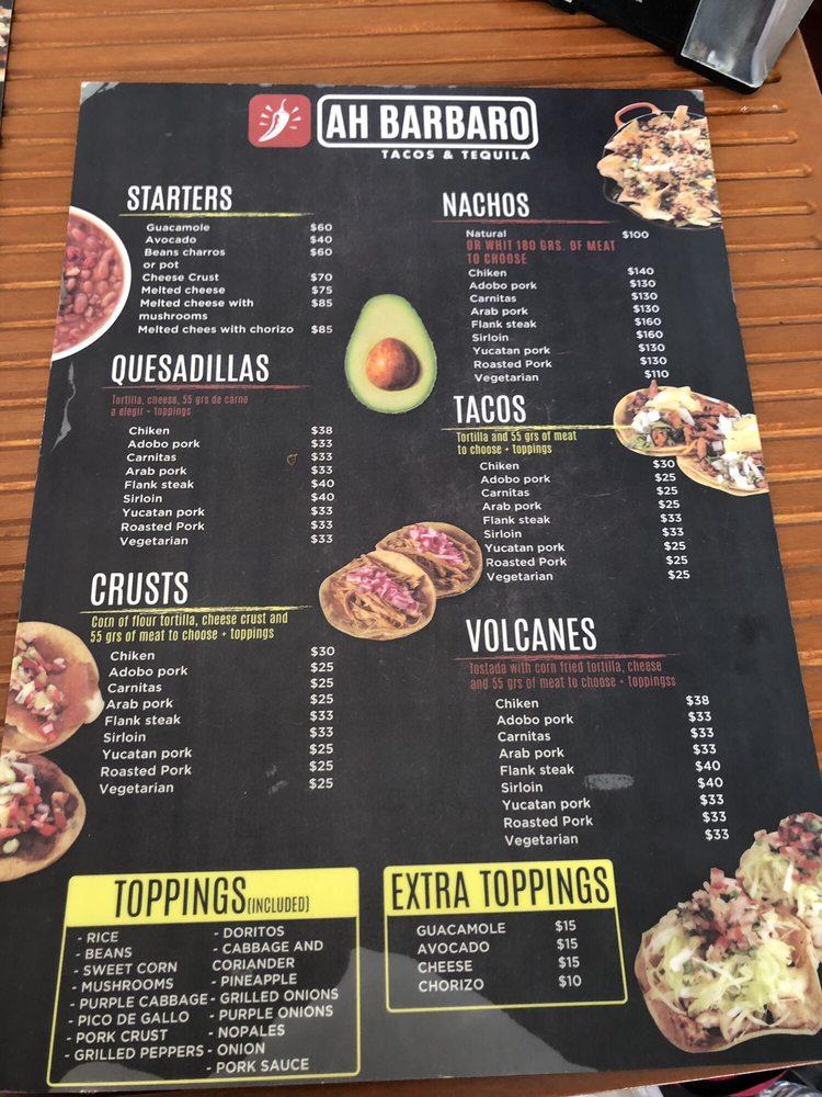 Carta de Ah Barbaro Taqueria, Cancún