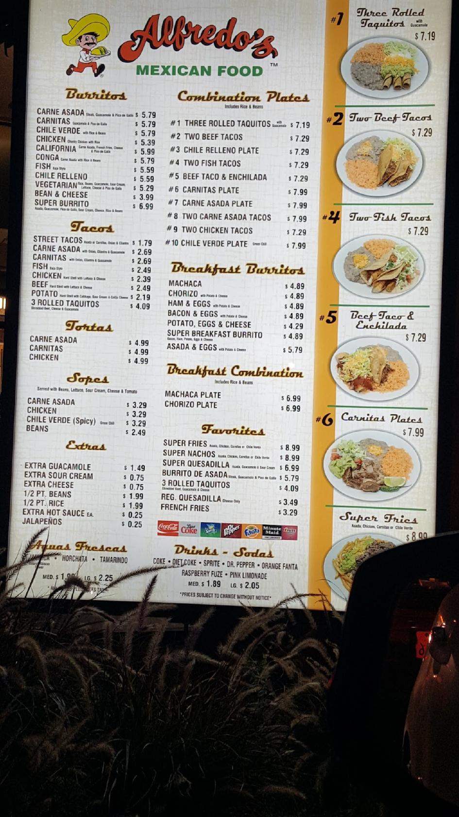 Menu at Alfredo's Mexican Food restaurant, Bell Gardens, Eastern Ave