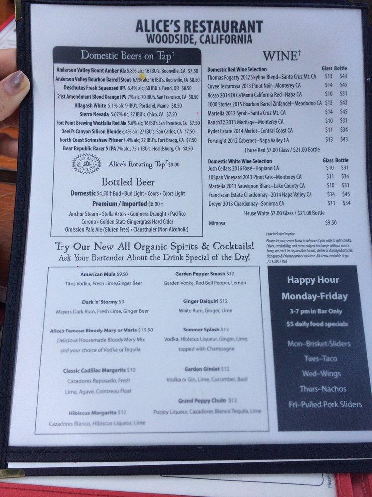 Menu at Alice's Restaurant, Woodside, Skyline Blvd