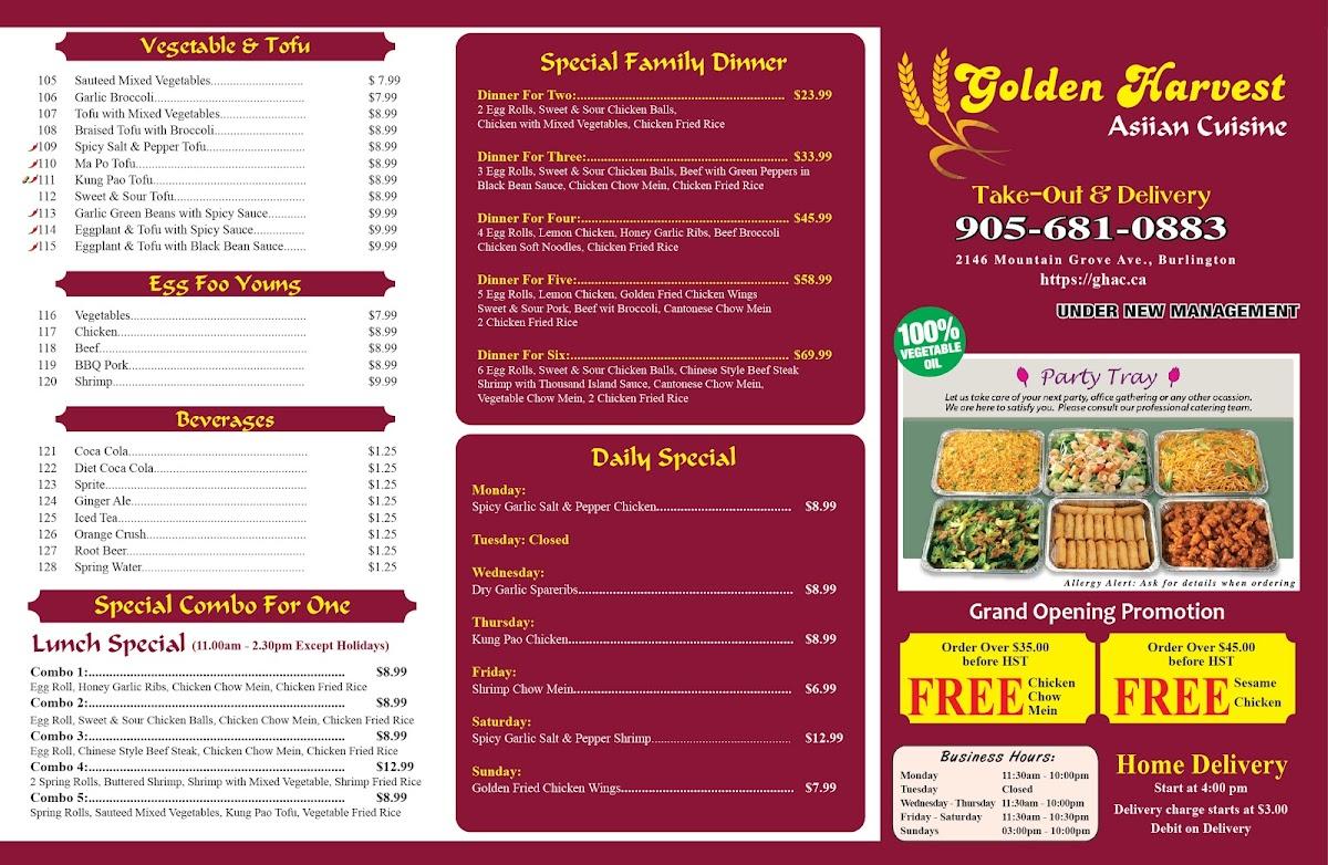 Menu at Golden Harvest Asian Cuisine restaurant, Burlington