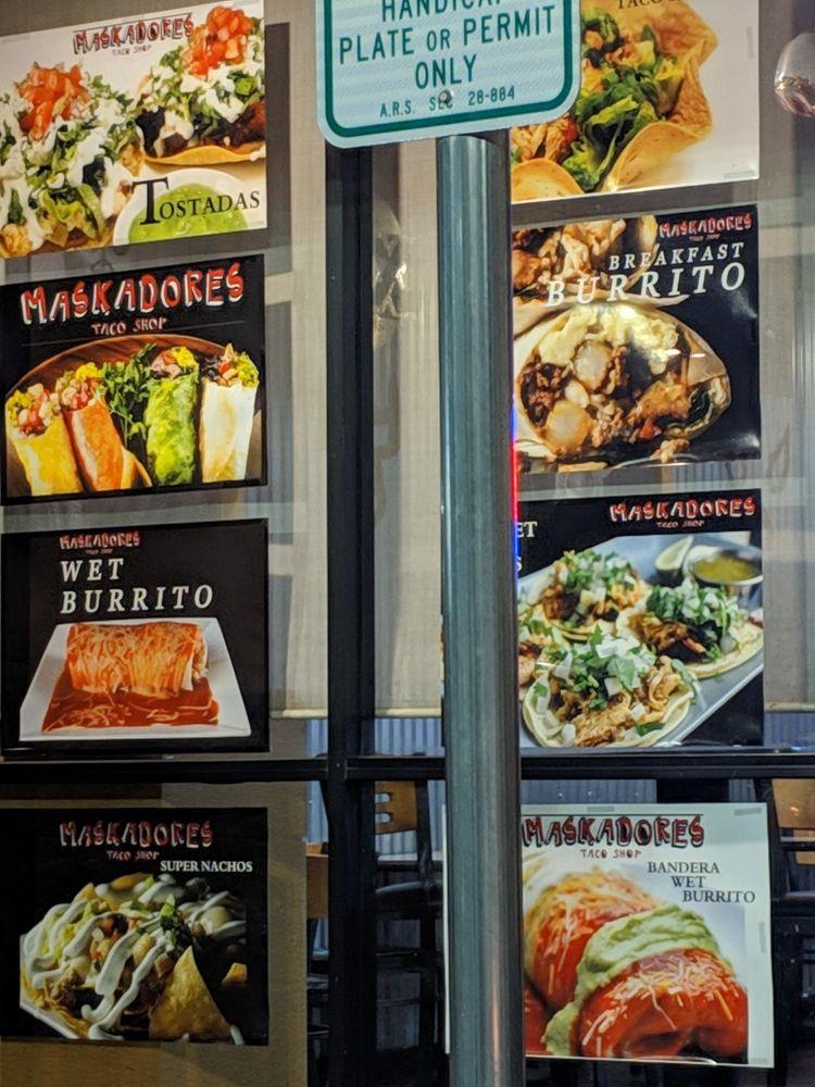 Menu at Maskadores Taco Shop restaurant, Mesa, S Power Rd