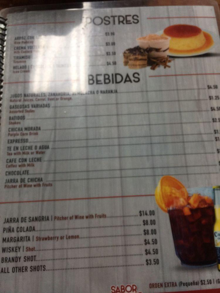 Menu at Sabor Peruano restaurant, West New York, Bergenline Ave