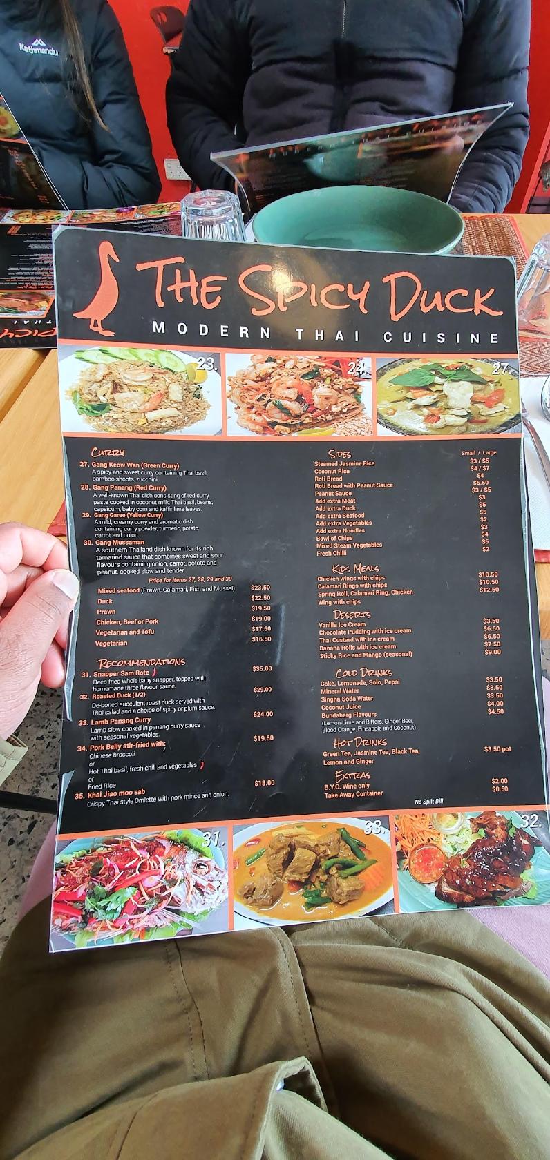 Menu at The Spicy Duck restaurant, San Remo
