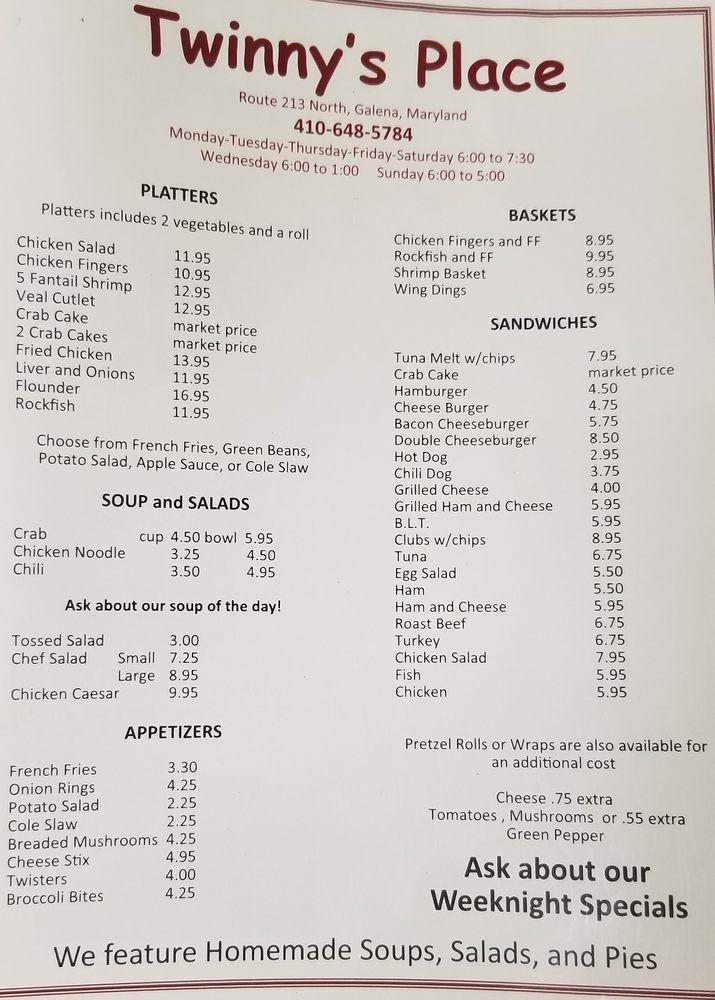 Menu at Twinny's Place restaurant, Galena