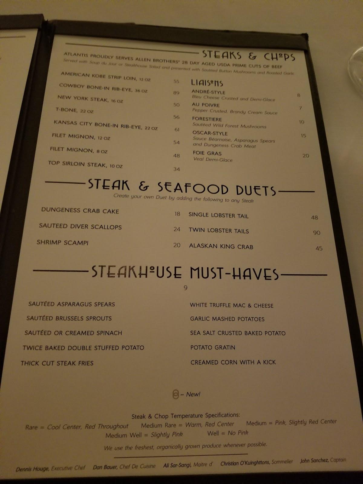 Menu at Atlantis Steakhouse, Reno