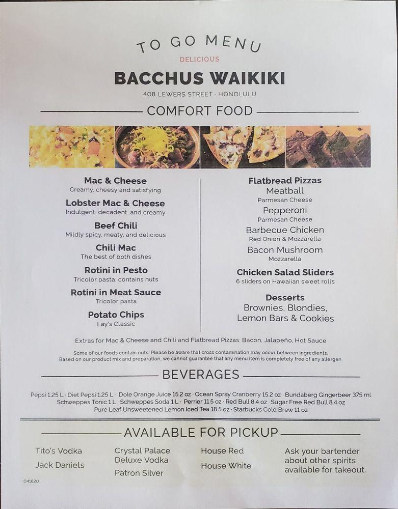 Menu at Bacchus Waikiki pub & bar, Honolulu