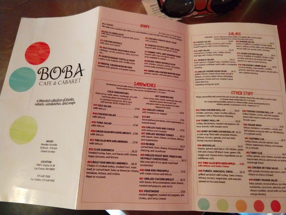 Menu at Boba Cafe, Las Cruces