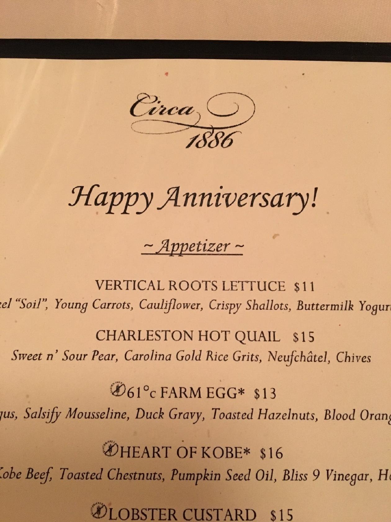 Carta de Circa 1886 Restaurant, Charleston