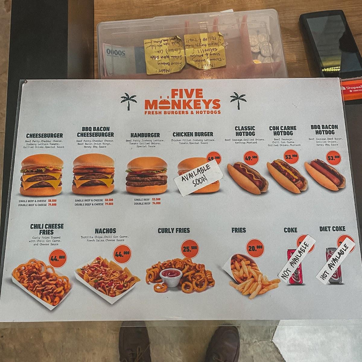 Carta del restaurante Five Monkeys Burger - Gading Serpong, Cihuni