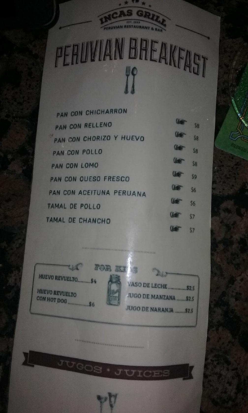 Menu at Incas Grill Peruvian Restaurant & Bar, Concord
