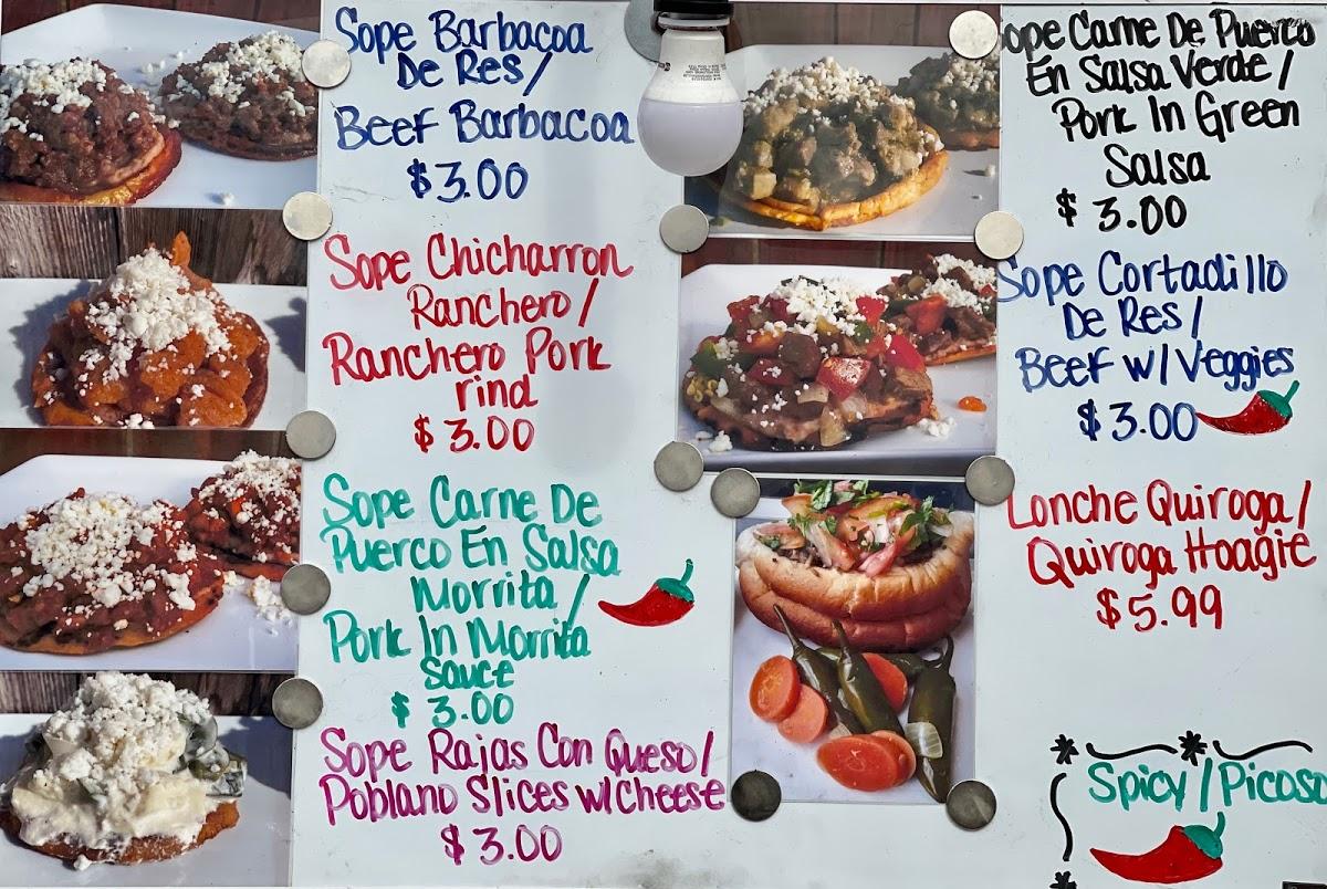 Menu at Lonches Quiroga restaurant, San Antonio