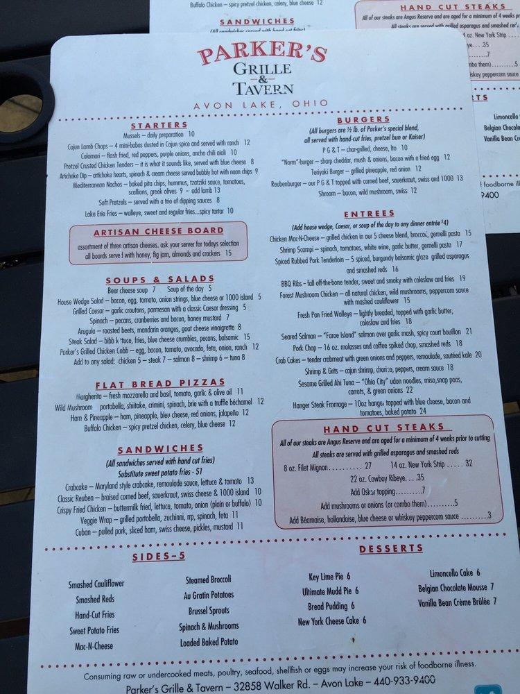 Menu at Parker's Grille & Tavern steakhouse, Avon Lake, Walker Rd
