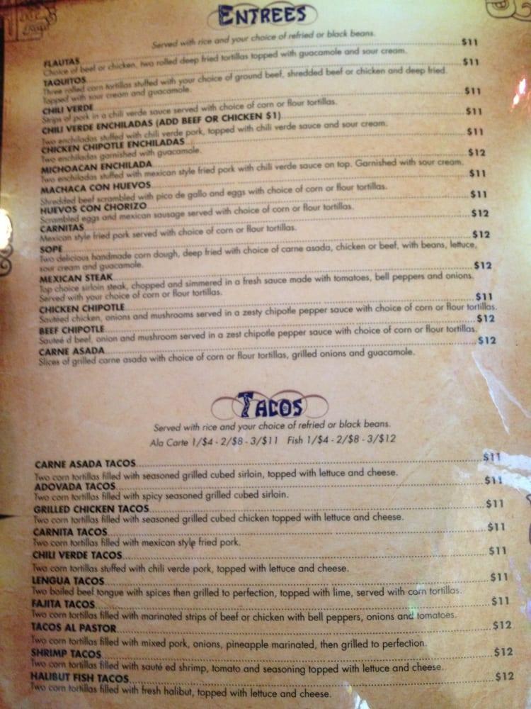 Menu at Playa Azul restaurant, Kenai