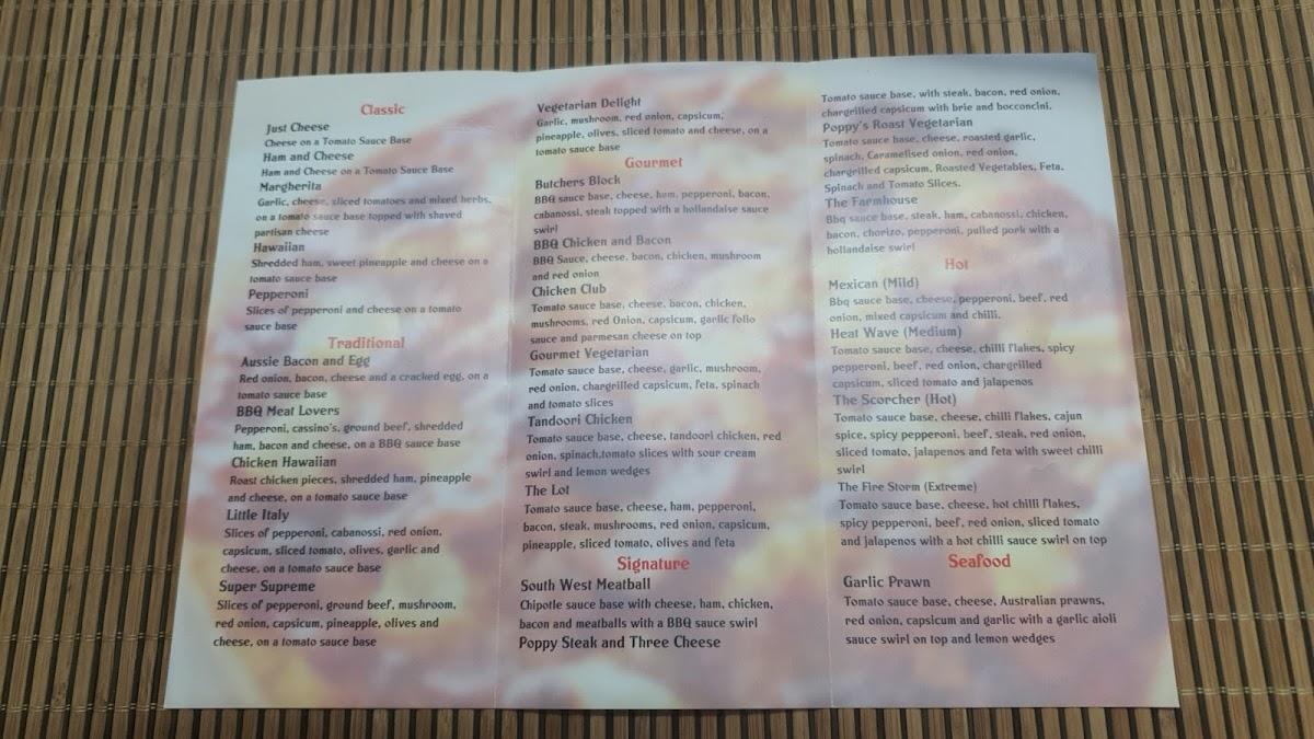 Menu at Poppy's Pizza Place pizzeria, Walkerston