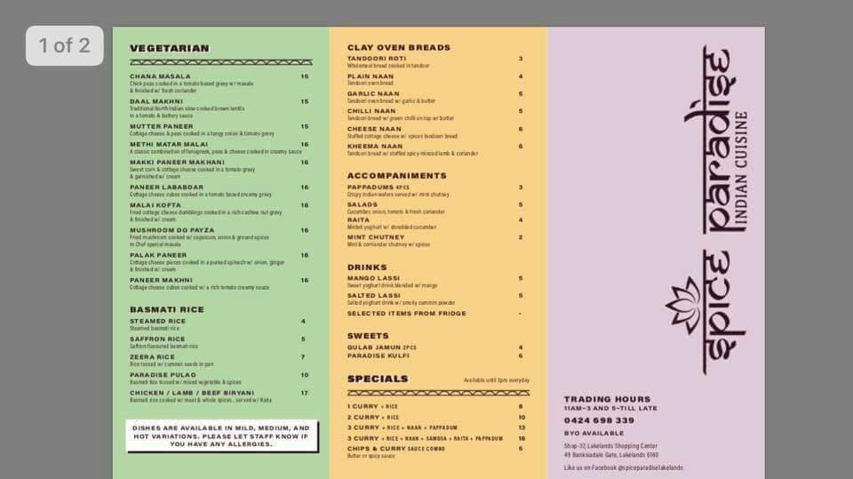 Menu at Spice Paradise Indian Restaurant, Lakelands