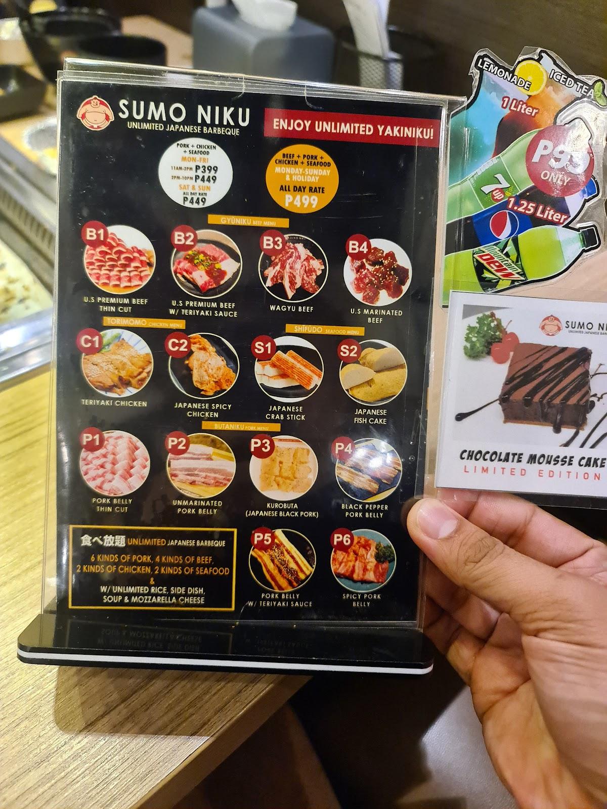 Menu at Sumo Niku steakhouse, Pasay