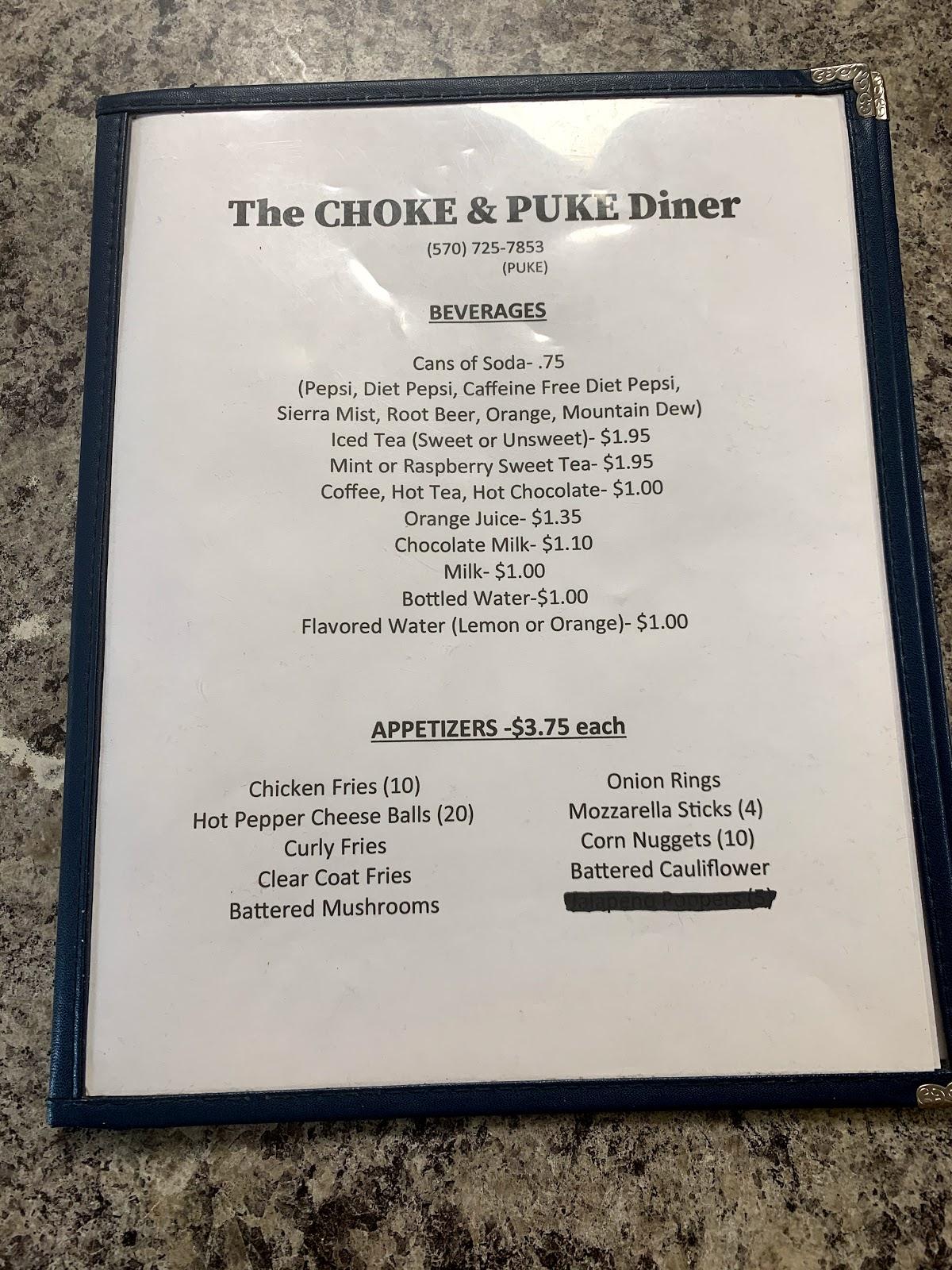 Menu at The Choke and Puke Diner restaurant, Loganton