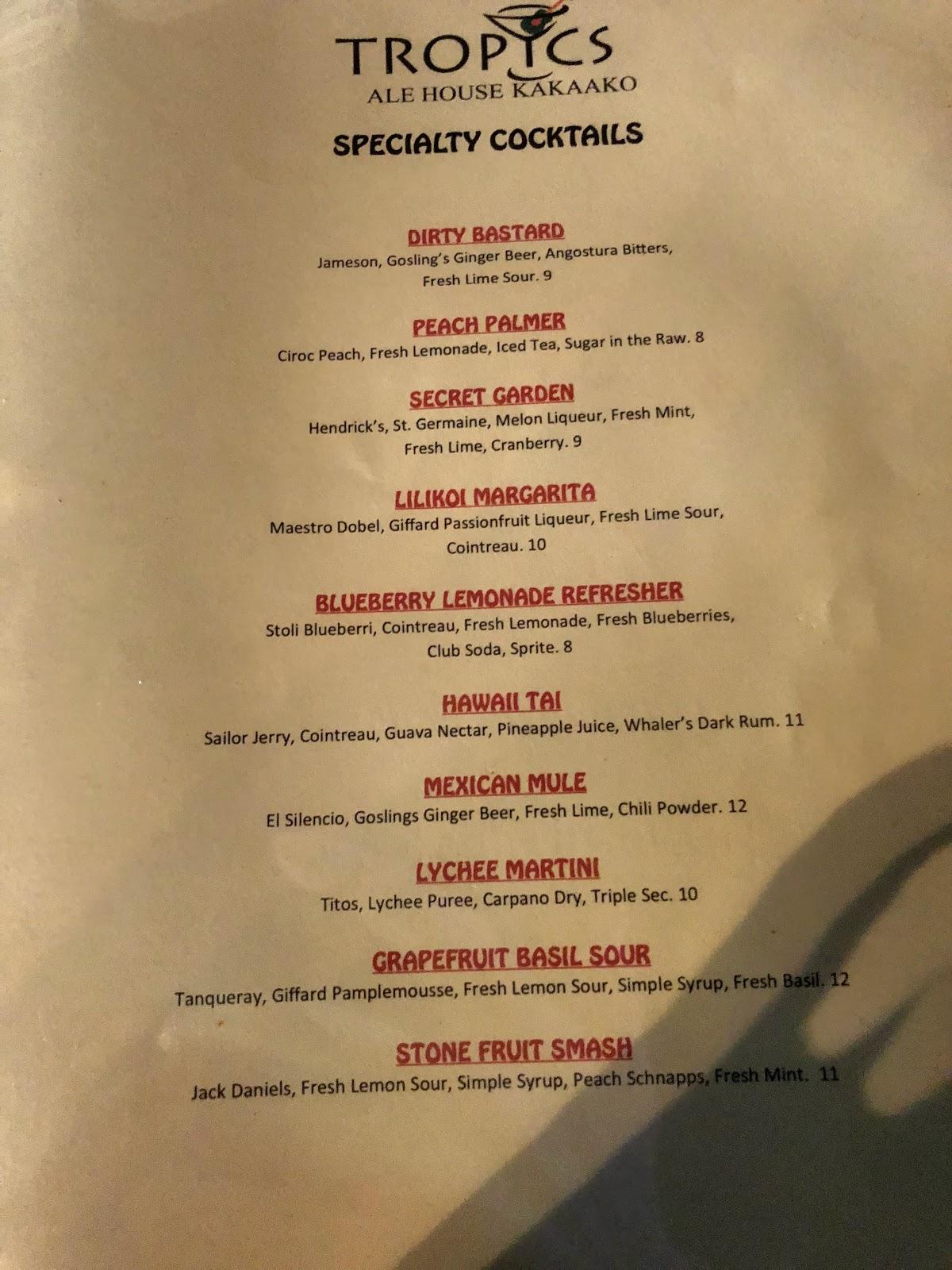 Menu at Tropics Restaurant & Craft House, Honolulu