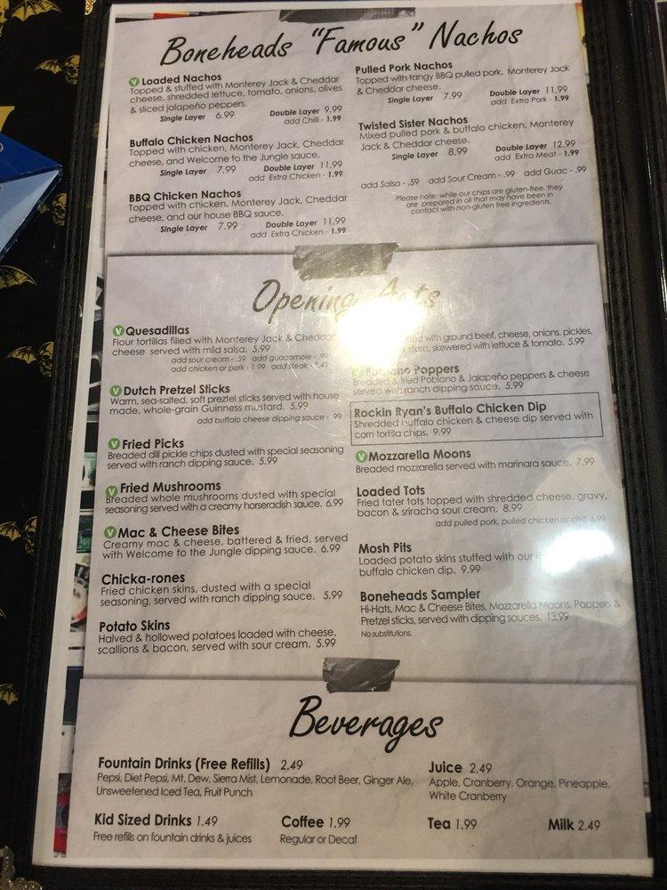 Menu at Boneheads Live pub & bar, Fall River, 36 Water St