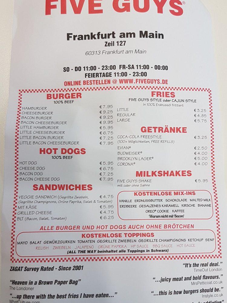 Speisekarte von Five Guys fast Food, Frankfurt am Main