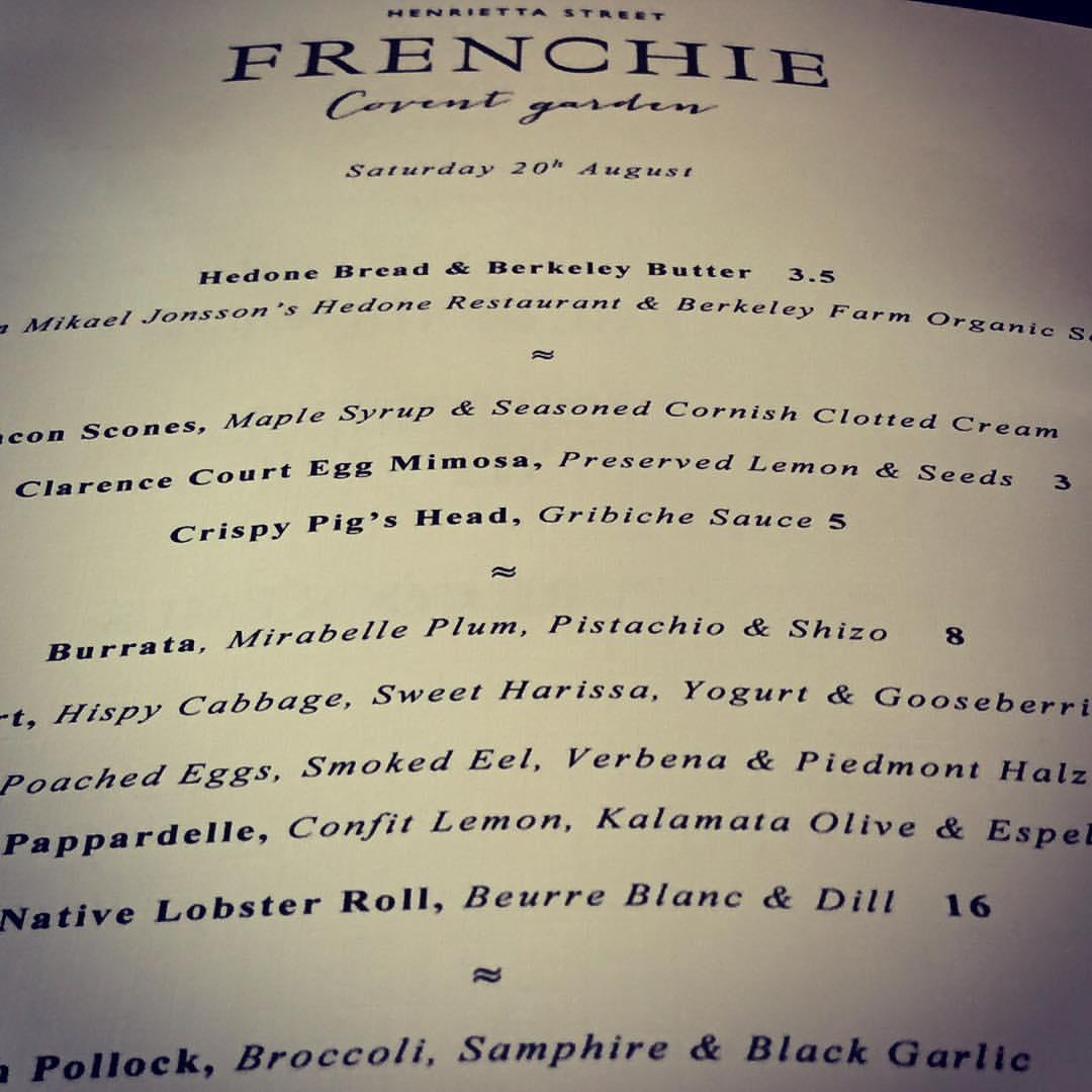 Menu at Frenchie Covent Garden restaurant, London, 16 Henrietta St