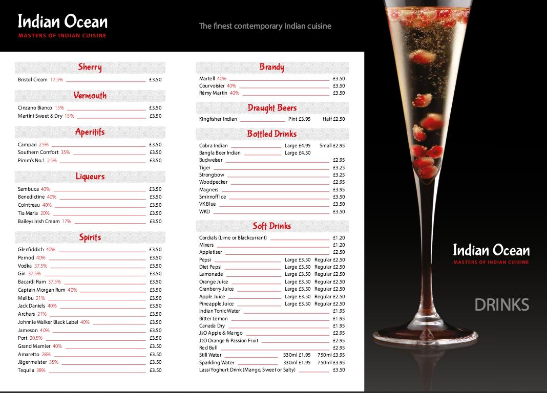 Menu at Indian Ocean restaurant, Bournemouth, 4 W Cliff Rd
