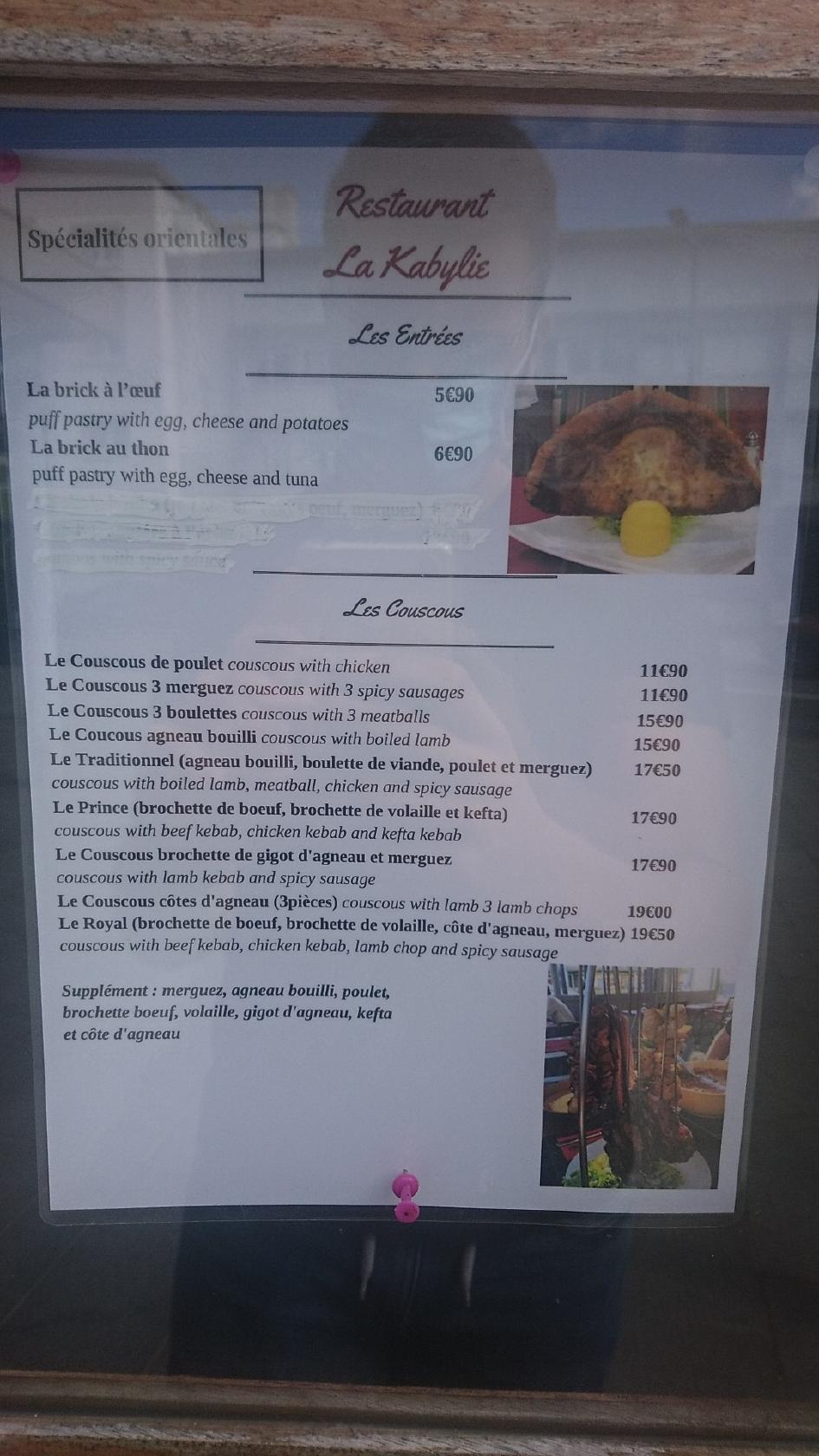 Menu au Restaurant La Kabylie Calais, Calais