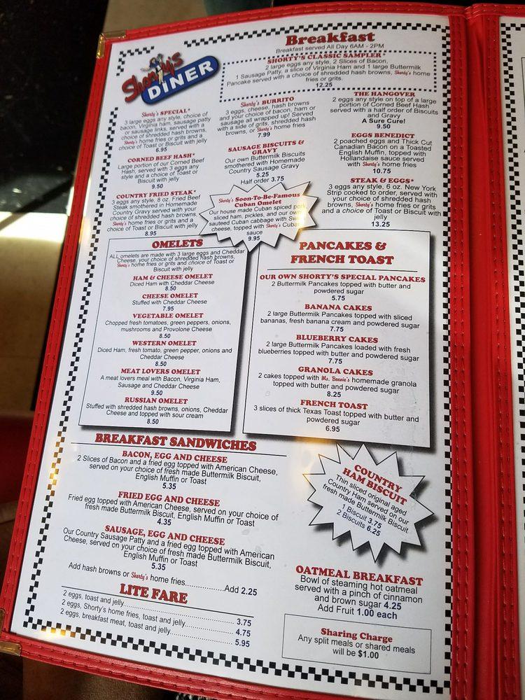 Menu at Shorty's Diner restaurant, Williamsburg