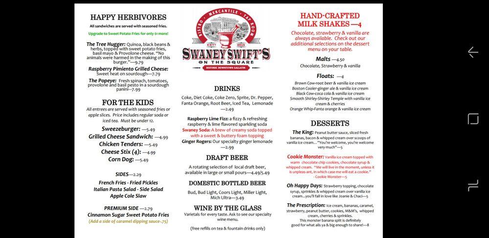 Menu at Swaney Swift's on the Square restaurant, Gallatin