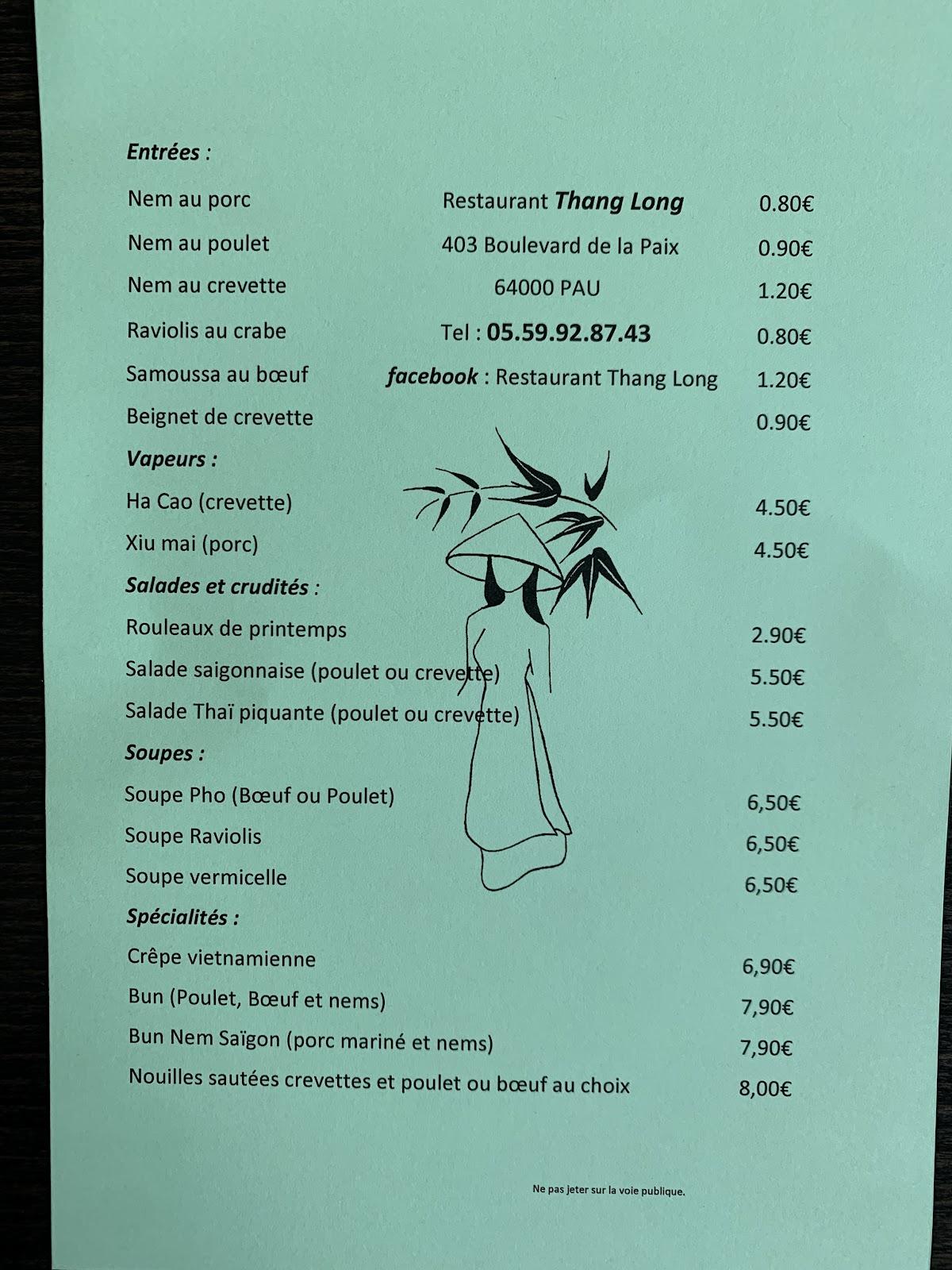 Menu at Thang Long Restaurant, Pau