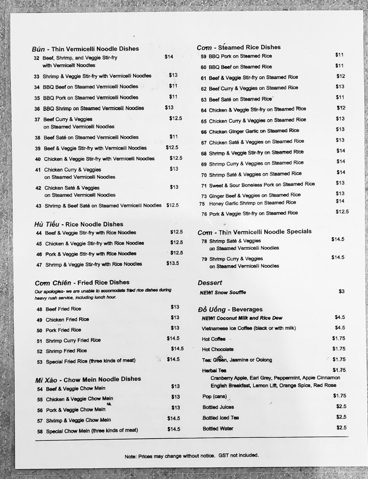 Menu at Vickie Saigon Bistro restaurant, La Ronge
