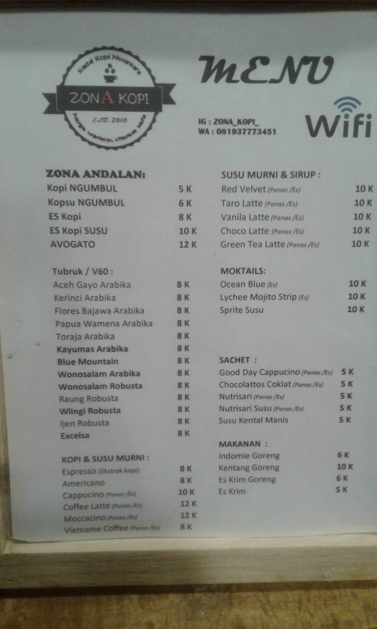 Menu at Zona Kopi cafe, Indonesia, VH42+M93