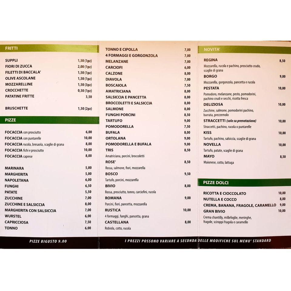 Menu da Al Vecchio Bivio pizzeria, Grottaferrata