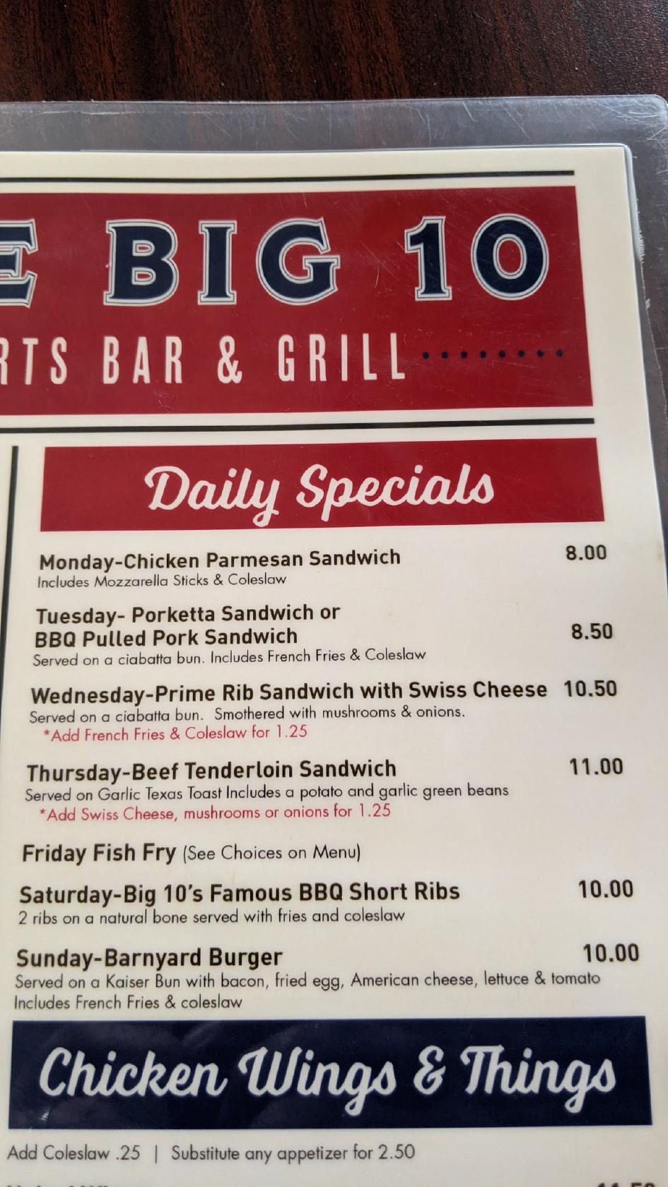 Menu at Big 10 Sports Bar & Grill, Quinnesec